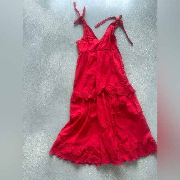 Zara | Dresses | Zara Red Midi Dress Cutwork Embroidery Ruffles | Poshmark